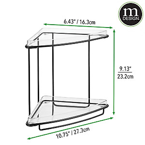 mDesign Steel/Plastic Freestanding Countertop Corner Shelf Organizer with 2-Tier Storage for Bathroom, Vanity, Cabinet, Counter - Holds Makeup, Bath Gel - Prism Collection - Clear/Matte Black