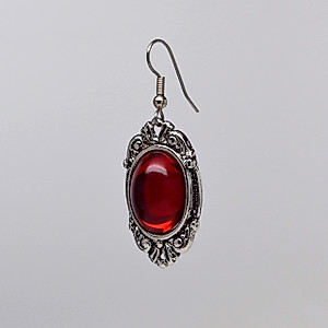 Gothic Blood Red Cabochon Dangle Earrings In Silver Finish Pewter Frame