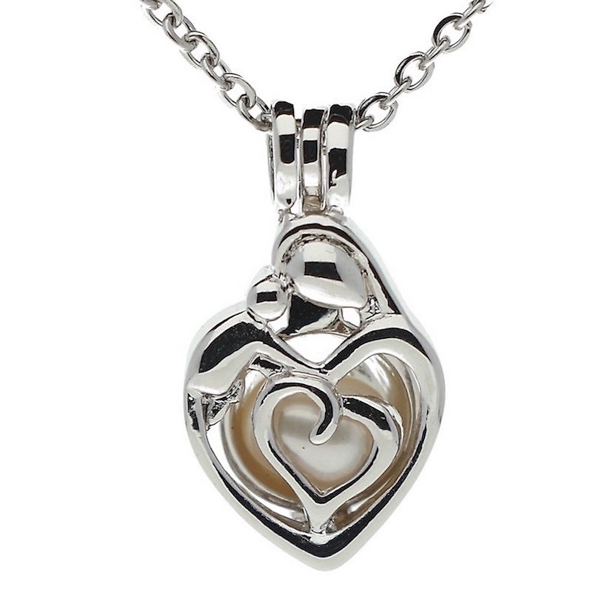 Pearlina Mother Mom Family Necklace Silver-tone Cage Cultured Pearl in Oyster Set w/Stainless Steel Chain 18"