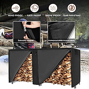 MAYOLIAH 8 Ft Outdoor Indoor Firewood Log Rack with Cover and Tote Bag Combo, Waterproof Wood Storage for Fire Wood Stand Heavy Duty Log Holders for Inside Fireplace, Black