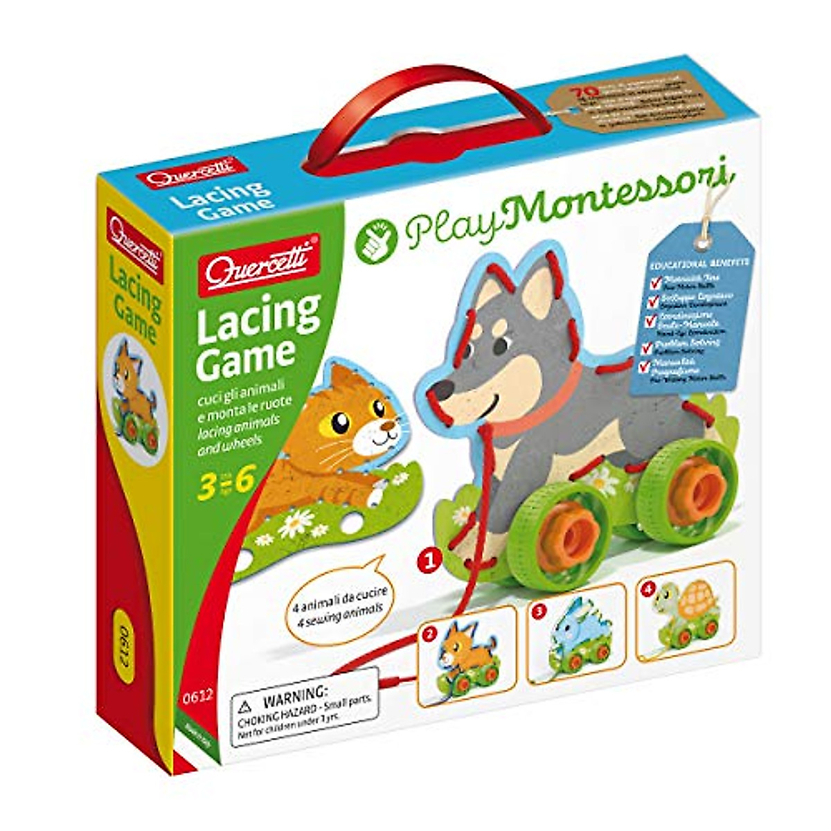 Quercetti Play Montessori Toys Lacing Game - Set includes 4 Animals with Wheels and Colored Laces - Build, Play and Pull-Along to Promote Early Learning and Motor Skills, for Kids Ages 3-6 Years