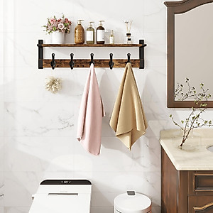 Homode Coat Rack Wall Mount, 29 Inch Long Shelf with Hooks, Wood Entryway Shelf with 5 Hangers for Hanging Hat Jacket Backpack Purse, Rustic Brown Black