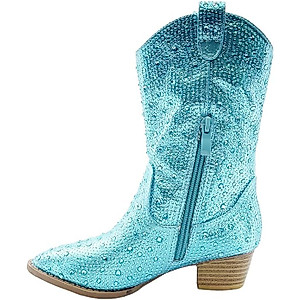 Forever Girls/Kids Rhinestone Western Cowgirl Cowboy Pointed Toe Low Heel Boots River-11K Blue 2