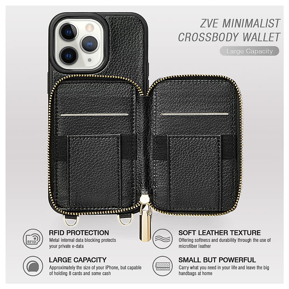 ZVE for iPhone 11 Pro Max Wallet Case with Card Holder, Phone Case with Crossbody Wrist Strap, Zipper Leather RFID Blocking Purse Cover for Apple iPhone 11 Pro Max 6.5 inch 2019 - Black