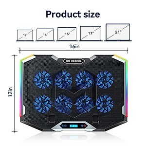 ICE COOREL Gaming Laptop Cooling Pad with 8 Cooling Fans, Laptop Fan Cooler Pad for 15-17.3 Inch, Notebook Cooler Stand with 6 Height Adjustable, RGB Cooling Pad with Two USB Port + Phone Stand