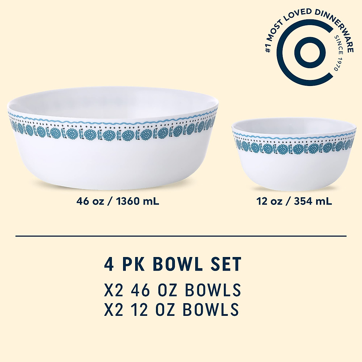 Corelle ED Bowl Set 4pk Med, 4 PIECE, Azure Medallion Classic