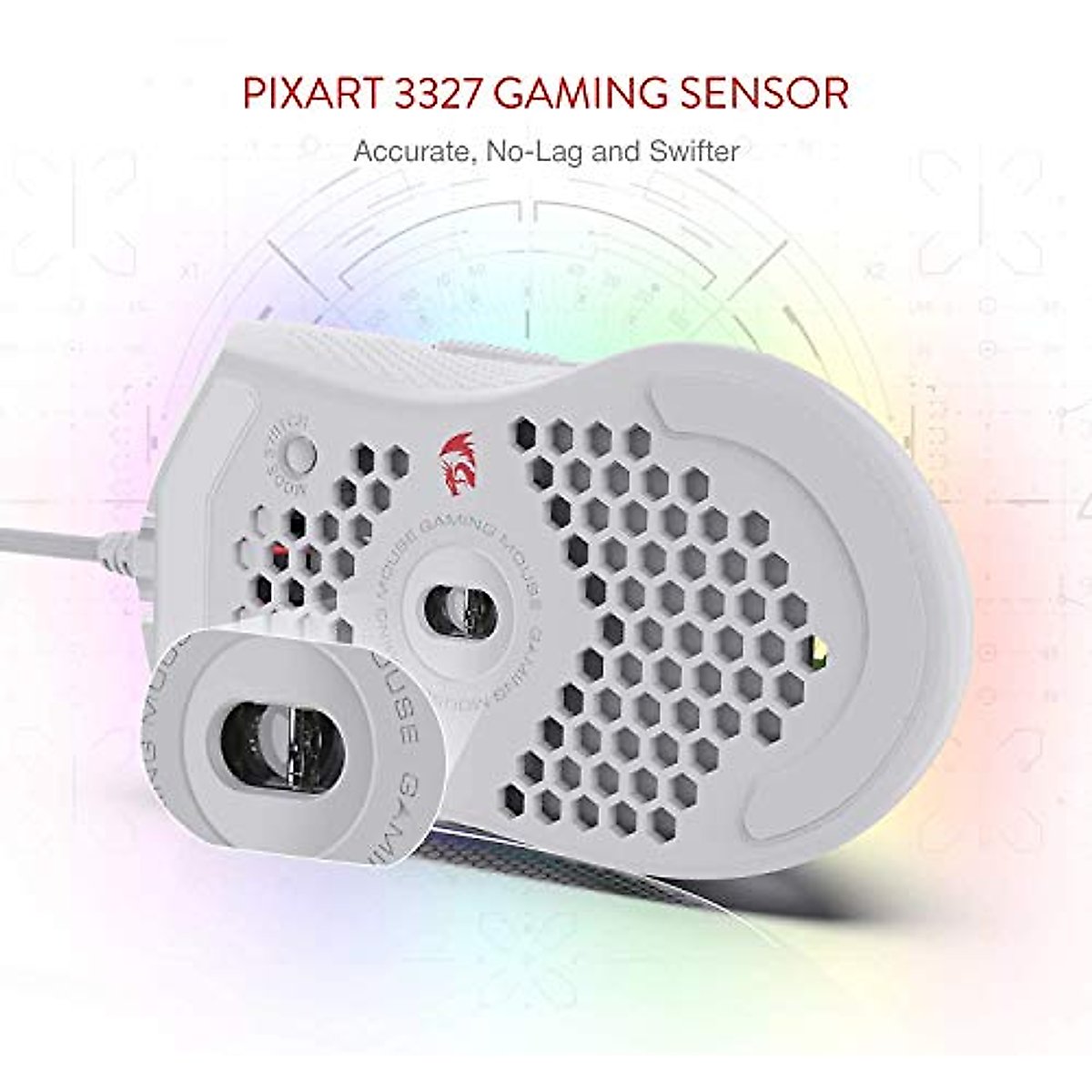Redragon M808 Storm Lightweight RGB Gaming Mouse, 85g Ultralight Shell - 12,400 DPI Optical Sensor - 7 Programmable Buttons - Precise Registration - Super-Lite Cable - White