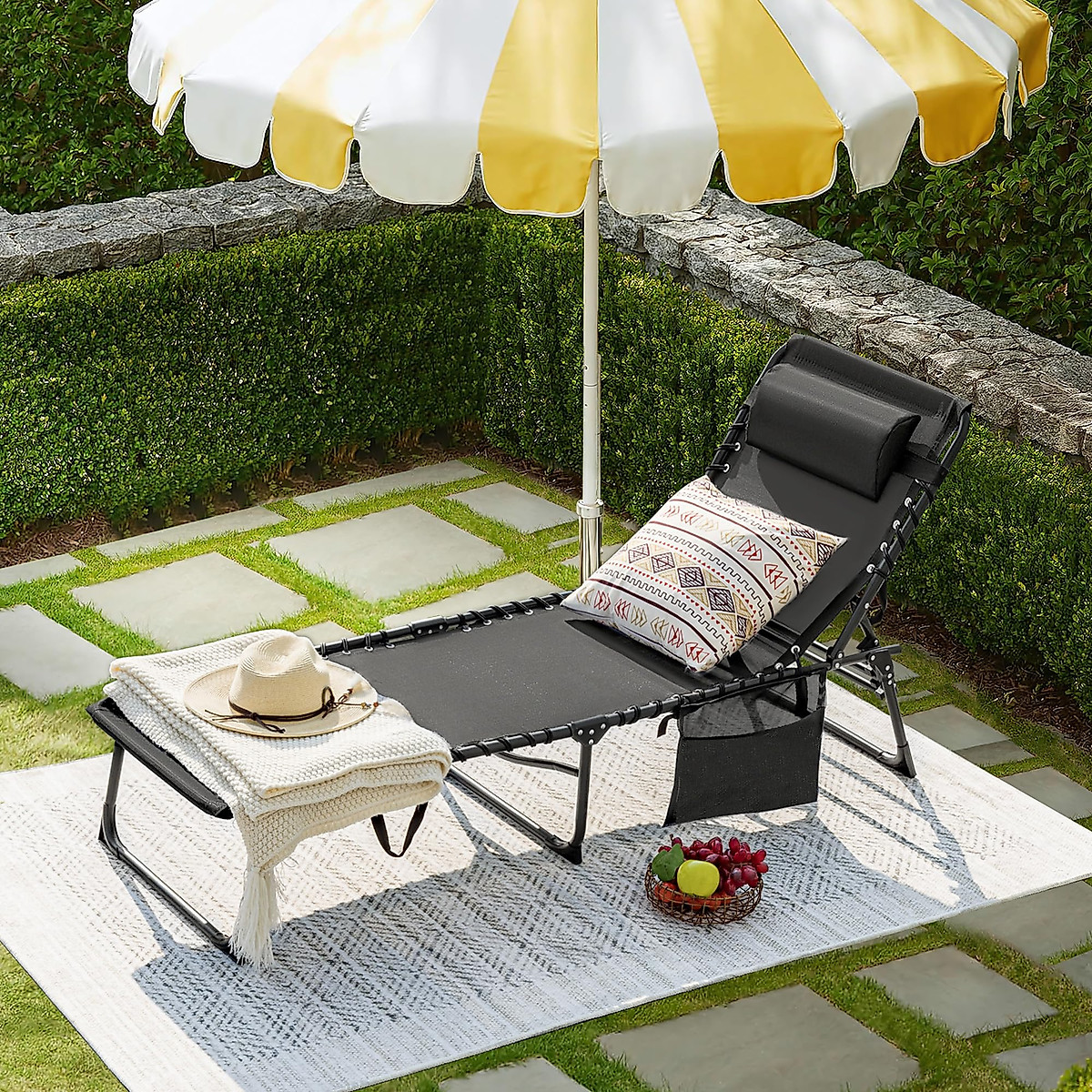 Flamaker Foldable Chaise Lounge Chair 5-Position Adjustable, Tanning Chair with Side Pocket, Outdoor Sunbathing for Pool, Beach, Patio, Lawn, Indoor Recliner Chair for Napping(Grey, 1 Pcs)