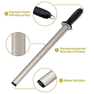 12 Inches Diamond Honing Steel Professional Knife Sharpener Rod, AHNR Kitchen Knife Sharpening Rod & Tungsten Carbide Multi-Sharpener for Honing Knife Blades, Pruning Shears, Garden Tools