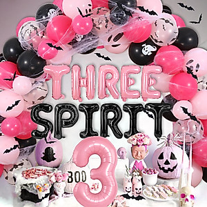 Halloween 3rd Birthday Party Decorations - Three Spirit Black Hot Pink Balloon Garland Kit with Spider Cotton, Number 3 Ghost Bat Foil Balloon Spider 3D Sticker for 3rd Birthday Halloween Decorations