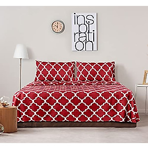 Utopia Bedding King Sheet Set, Soft Microfiber 4 Piece Bed Sheets with 16" Deep Pocket - Easy Care Brushed Microfiber (Quatrefoil - Burgundy)