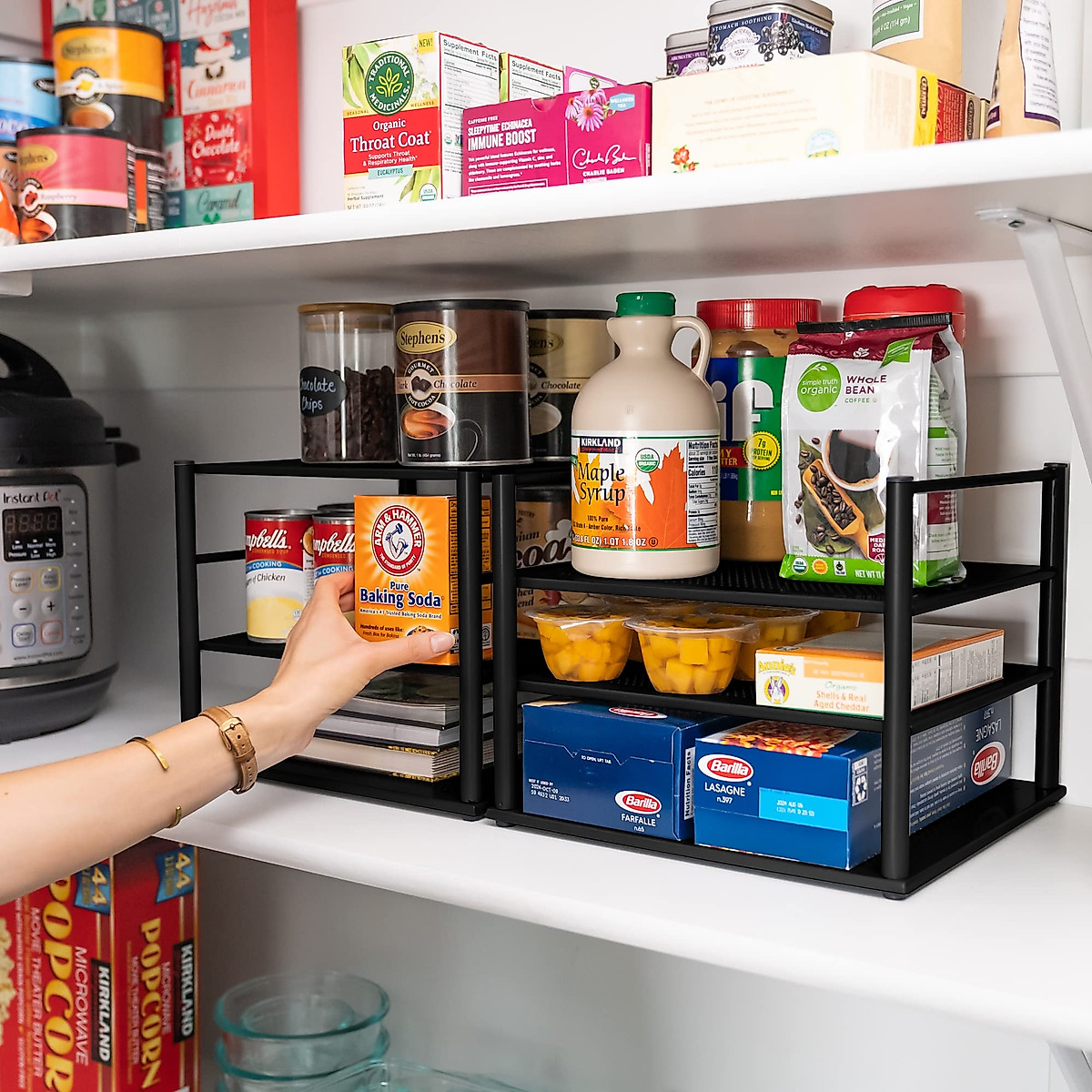 Kitchen Cabinet Organizer – Full Metal 3-Tier Black Pantry Organizer with Adjustable Shelves – Kitchen Foil and Plastic Wrap Organizer for RV, Camper, Home Organization and Storage – 12 x 11.25 inch