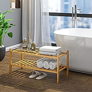 BMOSU 2-Tier Bamboo Shoe Rack Premium Stackable Shoe shelf Storage Organizer For Hallway Closet Living Room Entryway Organizer (Natural Bamboo)