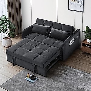 Velvet Pull Out Sleeper Sofa Bed with USB Ports, Convertible Futon Couch with Adjustable Backrest, 3 in 1 Modern Loveseat with 2 Pockets and Pillows, Small Love Seat for Living Room, Office, Black