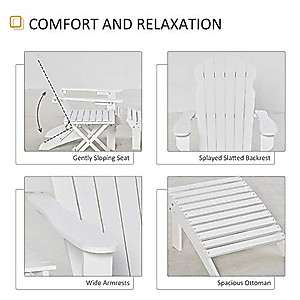 Outsunny 3-Piece Folding Adirondack Chair with Ottoman and Side Table, Outdoor Wooden Fire Pit Chairs w/High-Back, Wide Armrests for Patio, Backyard, Garden, Lawn Furniture, White