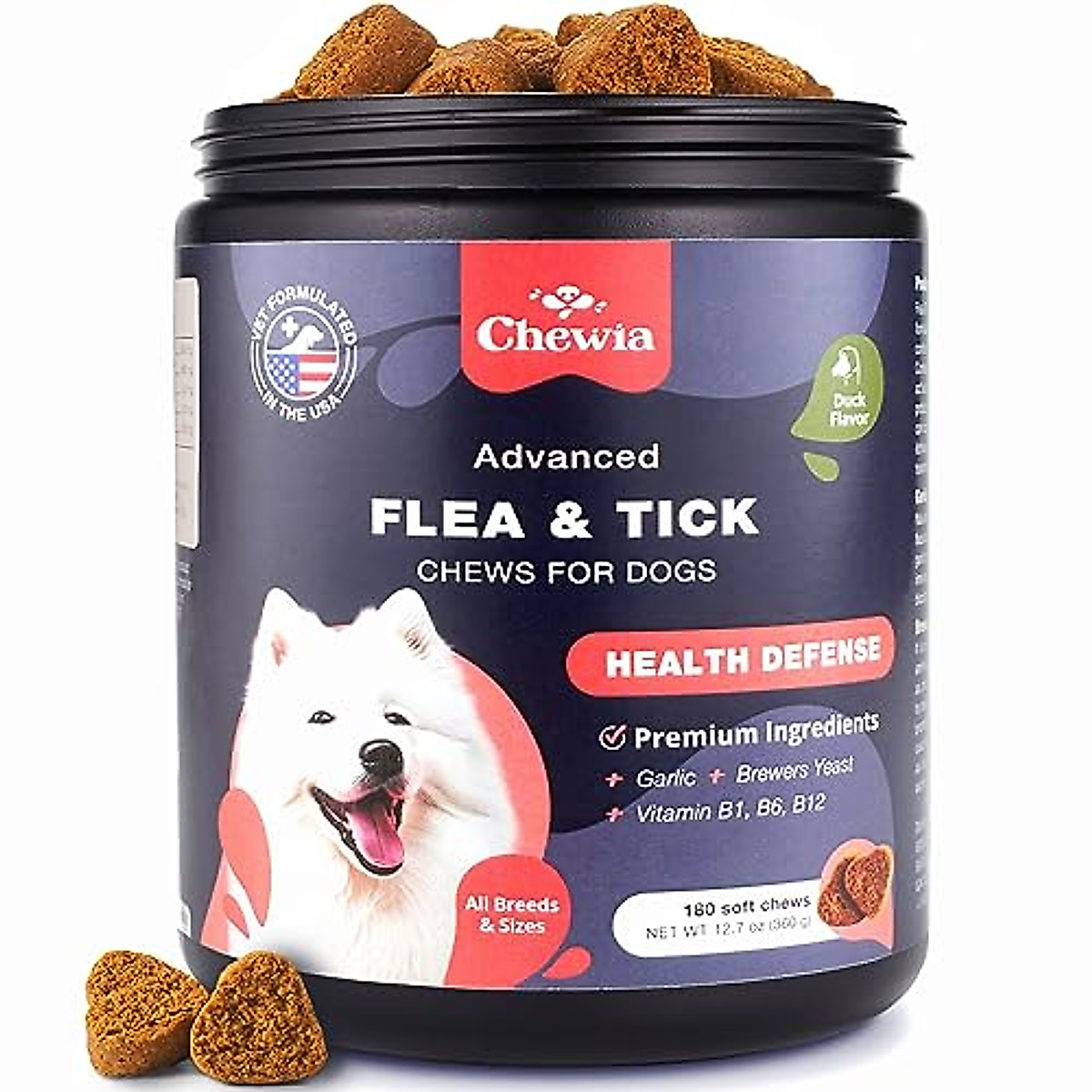 CHEWIA Flea & Tick Prevention Chews for Dogs - 180 Soft Duck Flavor Chews - Natural Dog Flea and Tick Supplement - Flea and Tick Prevention Pet Supplies for Dogs of All Breeds, Ages & Sizes