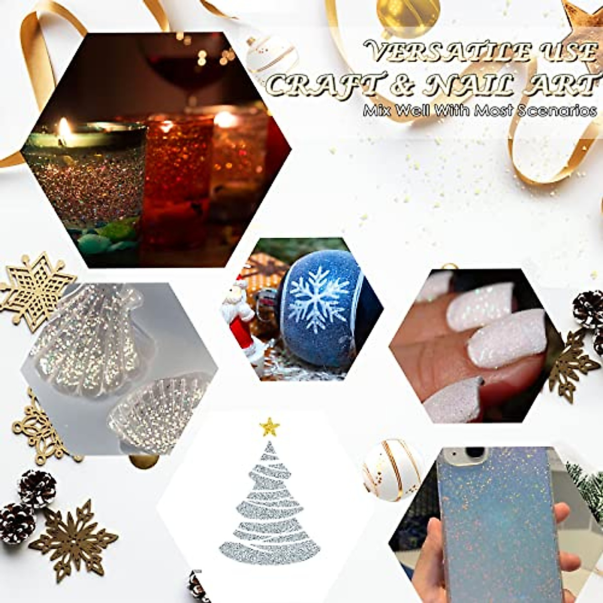 Ceya Holographic Chunky Glitter, 4.9oz/ 140g Iridescent White Craft Glitter Powder Mixed Fine Metallic Nail Sequins Flakes for Epoxy Resin, DIY Crafts Tumblers Painting, Scrapbooking, Christmas Decor