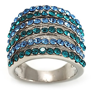 Avalaya Silver Tone Wide Crystal Band Ring (Light Blue & Teal) - size 7