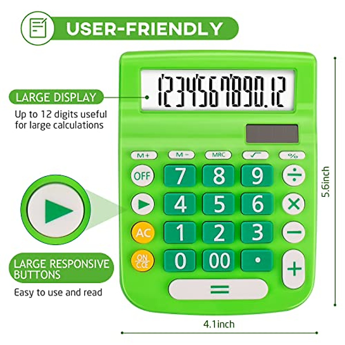 Calculators Desktop, Large Display Big Button, Solar and Battery Dual Power, 12 Digit Small Basic Standard Functional Calculator Cute for Office, Home, School (Green)