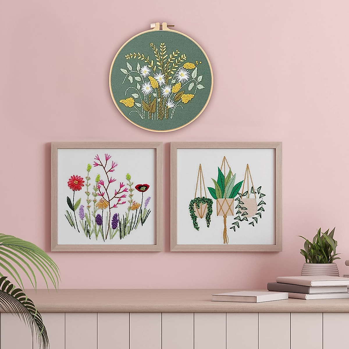 Nuberlic 3 Pack Embroidery Kits for Beginners Starters Cross Stitch Kits with Pattern for Adults Kids Craft Stamped Embroidery Cloth 3 Hoops Threads Needles