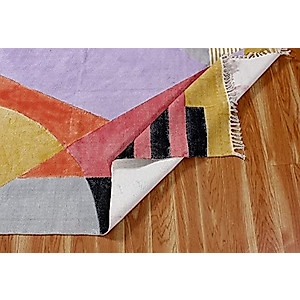 Casavani Hand Made Cotton Dhurrie Geometric Yellow & Pink Tassel Rug Easy Care Washable Rugs for Doormat Entryway Living Room Bedroom Hallway Balcony 4x12 Feet Runner