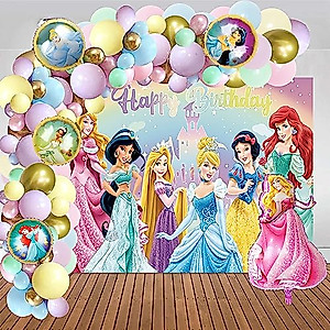 251 Pcs Princess Birthday Decorations, Princess Birthday Party Supplies Include Happy Birthday Banner, Hanging Swirls, Cake Topper, Cupcake Toppers, Backdop, Tablecloth, Balloons, Stickers, Princess Plates, Napkins, Knife, Fork and Spoon for Princess Birt