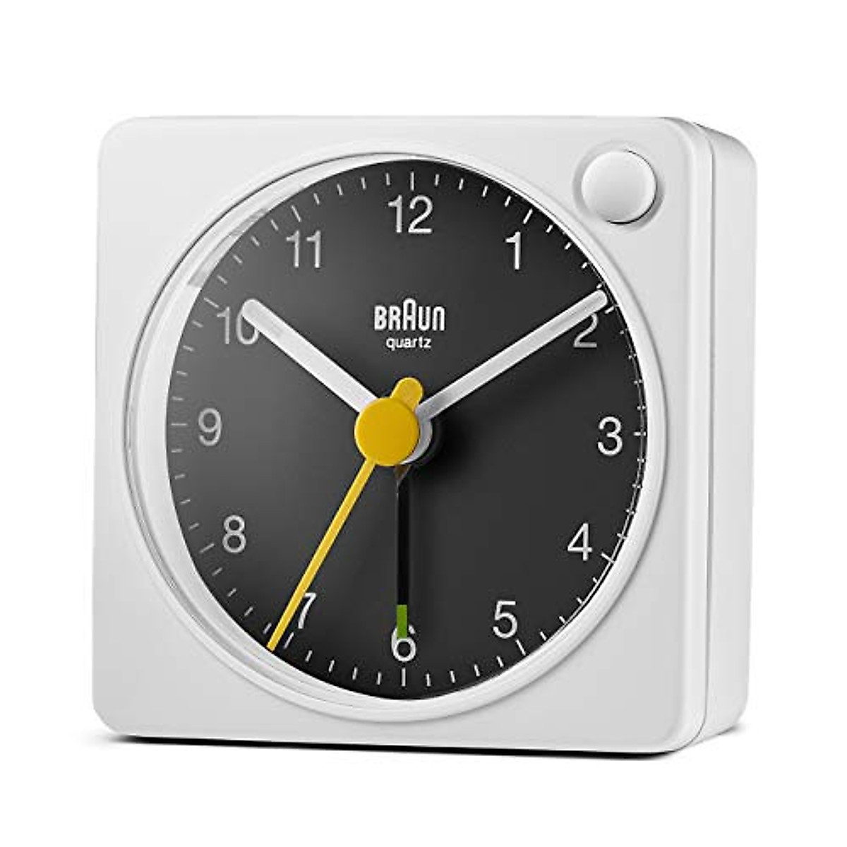 Braun Classic Travel Analogue Alarm Clock with Snooze and Light, Compact Size, Quiet Quartz Movement, Crescendo Beep Alarm in White and Black, Model BC02XWB.