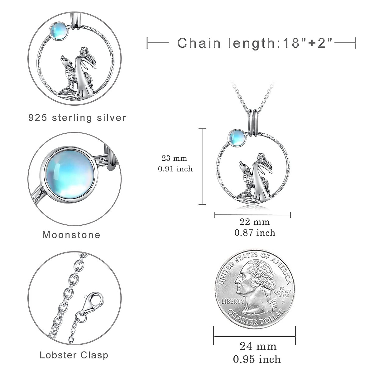 SVODEA Moonstone Wolf Necklace for Women 925 Sterling Silver Created Cubic Zirconia Moon Wolf Pendant Necklaces Animal Wolf Jewelry Gifts for Women Wife (Style-2)
