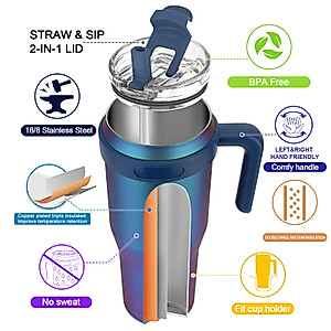 Zukro 50 oz Tumbler With Handle and Flip Straw, Large Insulated Stainless Steel Cup with 2-in-1 Sip/Straw Lid, Leak Proof, No Sweat, Fit in Cup Holder, Keeps Drinks Cold for 30 Hours - Aurora