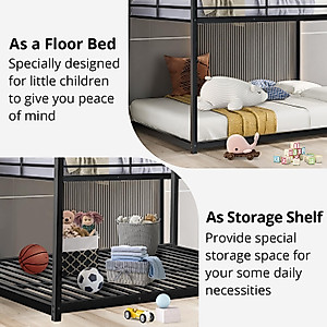 INCLAKE Full Over Full Bunk Bed, Heavy Duty Metal Bunk Bed Frame with Built-in Ladder and Safety Guard Rail, Low Bunk Bed for Teens Adults, Noisy Free & No Box Spring Needed, Black