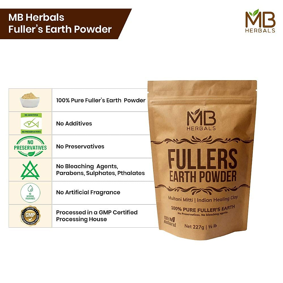 MB Herbals Fullers Earth Powder 8 oz | 0.5 lb | Fuller's Earth Powder | Multani Mud Mitti | Indian Healing Clay | Bentonite Clay | 100% Pure No Added Fragrance | Natural Face Pack