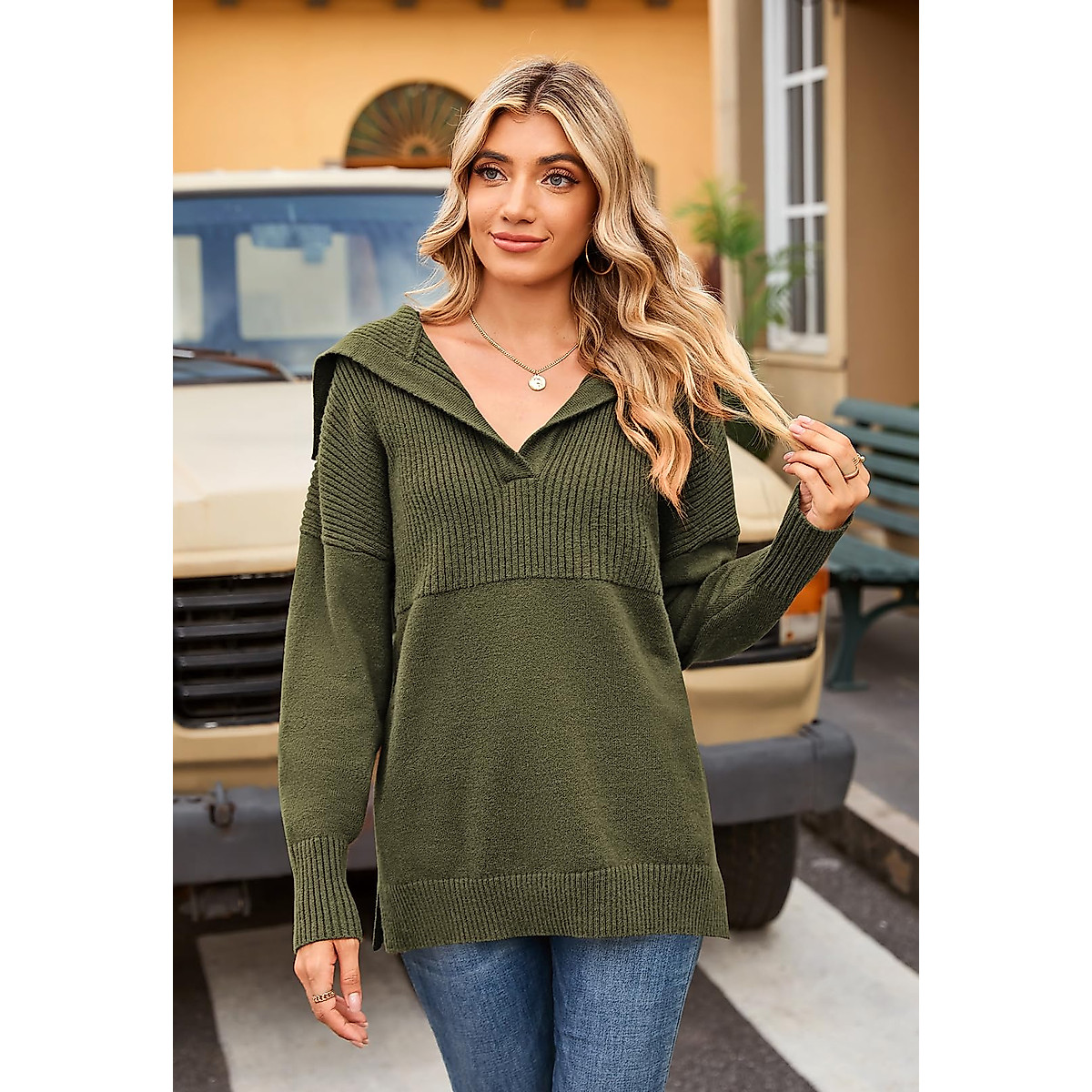 Womens 2024 Fall Lapel Collar Long Sleeve V Neck Ribbed Knit Loose Casual Pullover Sweater Jumper Top Army Green M