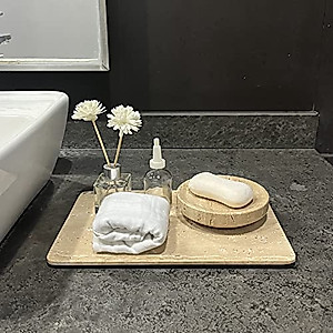 StonePlus Natural Marble Beige Travertine Tray, Pastry Cheese Tray, Dessert Coffee Plate, Double Sided Smooth Marble Slab (Beige Travertine)