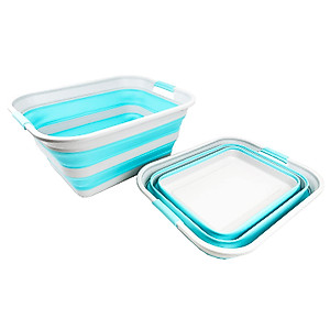 SAMMART 42L Collapsible Plastic Laundry Basket - Foldable Pop Up Storage Container/Organizer - Portable Washing Tub - Space Saving Hamper/Basket (Grey/Cyanine (Set of 2))