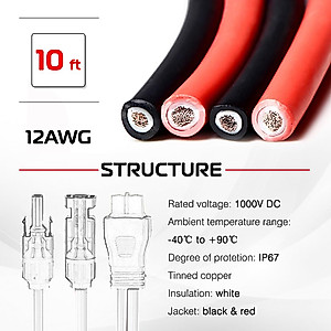 12AWG Power Solar to XT60 Charge Extension Cable, XT60 Female to Male Connector for Solar Panel to RC Battery RV Portable Power Station Solar Generator 10Ft
