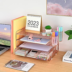 OPNICE Desk Organizers and Accessories, Paper Letter Tray Organizer with 2 Pen Holders and File Holder, File Organizer and Storage, 4-Tier Office Desk Accessories for Office Supplies(Rose Gold)
