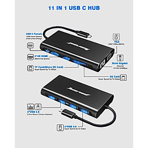 Hiearcool USB C Hub,USB-C Laptop Docking Station,11 in 1 Triple Display Type C Adapter, USB C Hub Ethernet USB C 4K 60Hz HDMI Adapter 8 in 1 Multi-port Type C Adapter Compatible for Mac and Windows