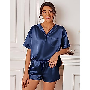 Ekouaer Pajamas Set Soft Women Satin Sleepwear 2 Piece Silk Pjs top and Shorts Sleep Nightwear Navy Blue