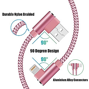 iPhone Charger 10 ft 90 Degree Lightning Cable 3 Pack MFi Certified Lightning Cable Nylon Braided Right Angle iPhone Charging Cable for iPhone 13 12 11 Pro X XS XR 8 Plus 7 6 5(Rose Gold,10 Foot)