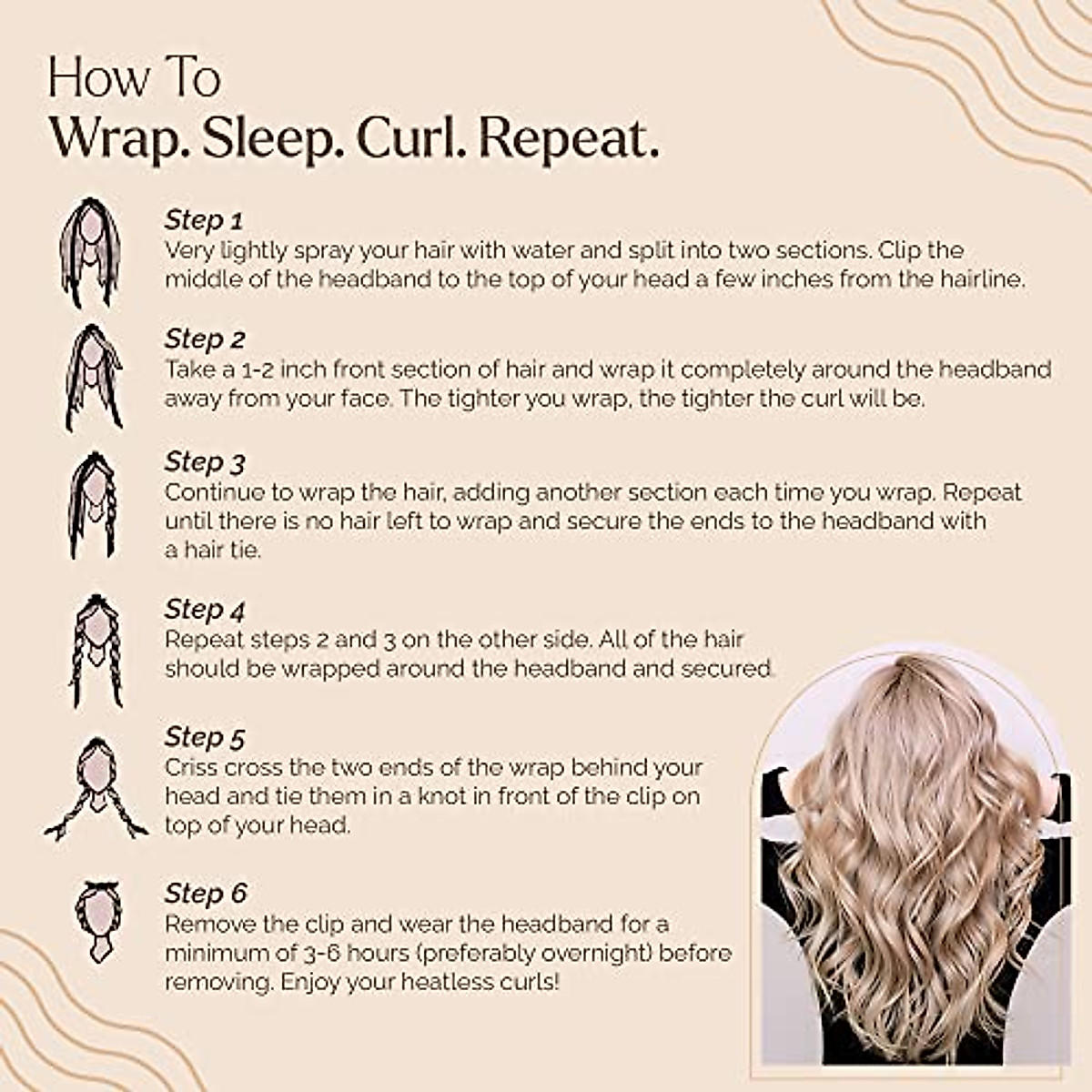 BHDbeauty No Heat Curling Headband You Can Sleep In- Heatless Overnight Natural Curls- Rod Ribbon Lazy Hair Curler Wrap Kit for Long Hair- Includes Bonus Airless Spray Bottle, Caramel, 5 Piece Set