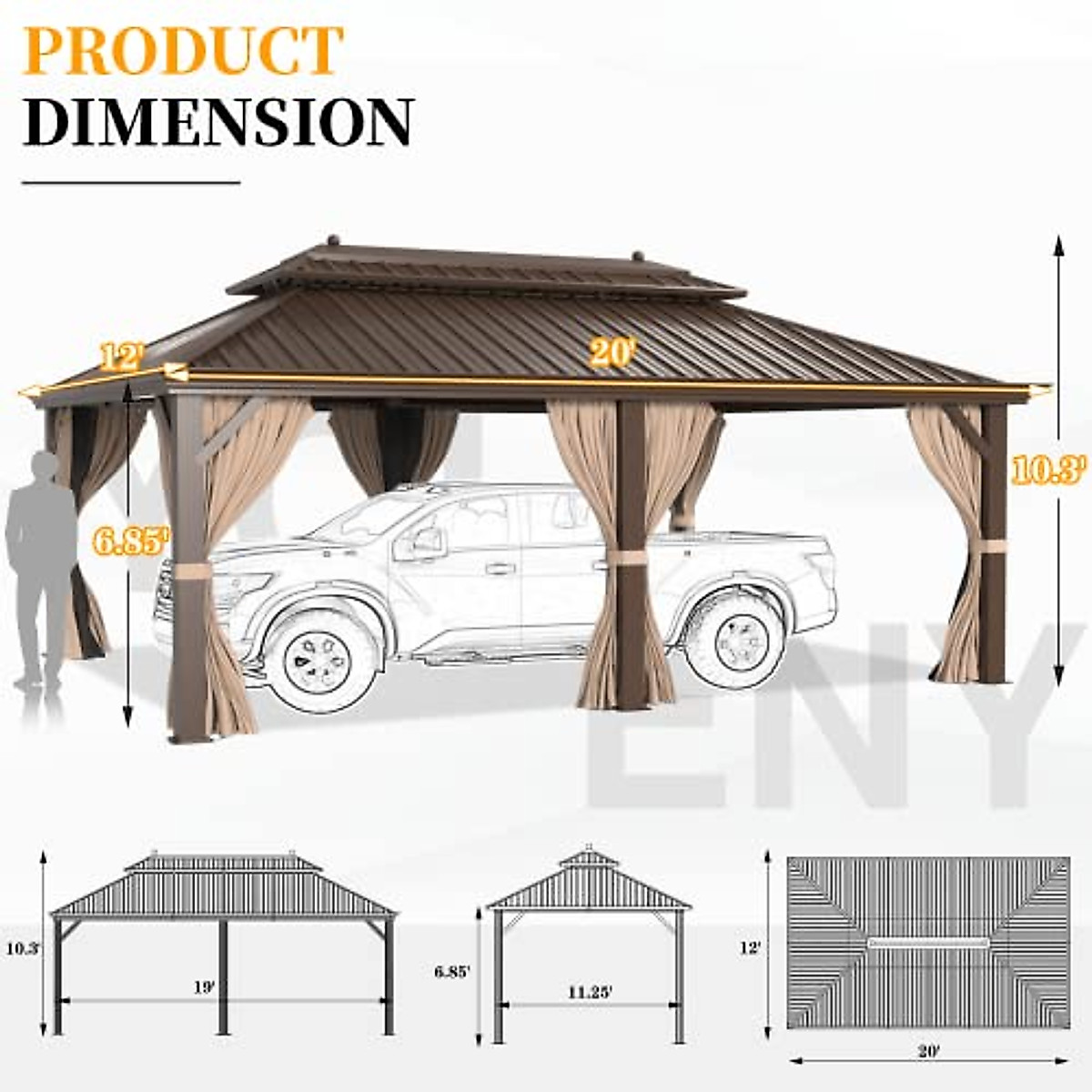 YOLENY 12' X 20' Hardtop Gazebo, Galvanized Steel Ventilation Double Roof Aluminum Frame Outdoor Gazebo Pavillion Pergolas with Netting and Curtains for Garden, Patio, Lawns, Parties