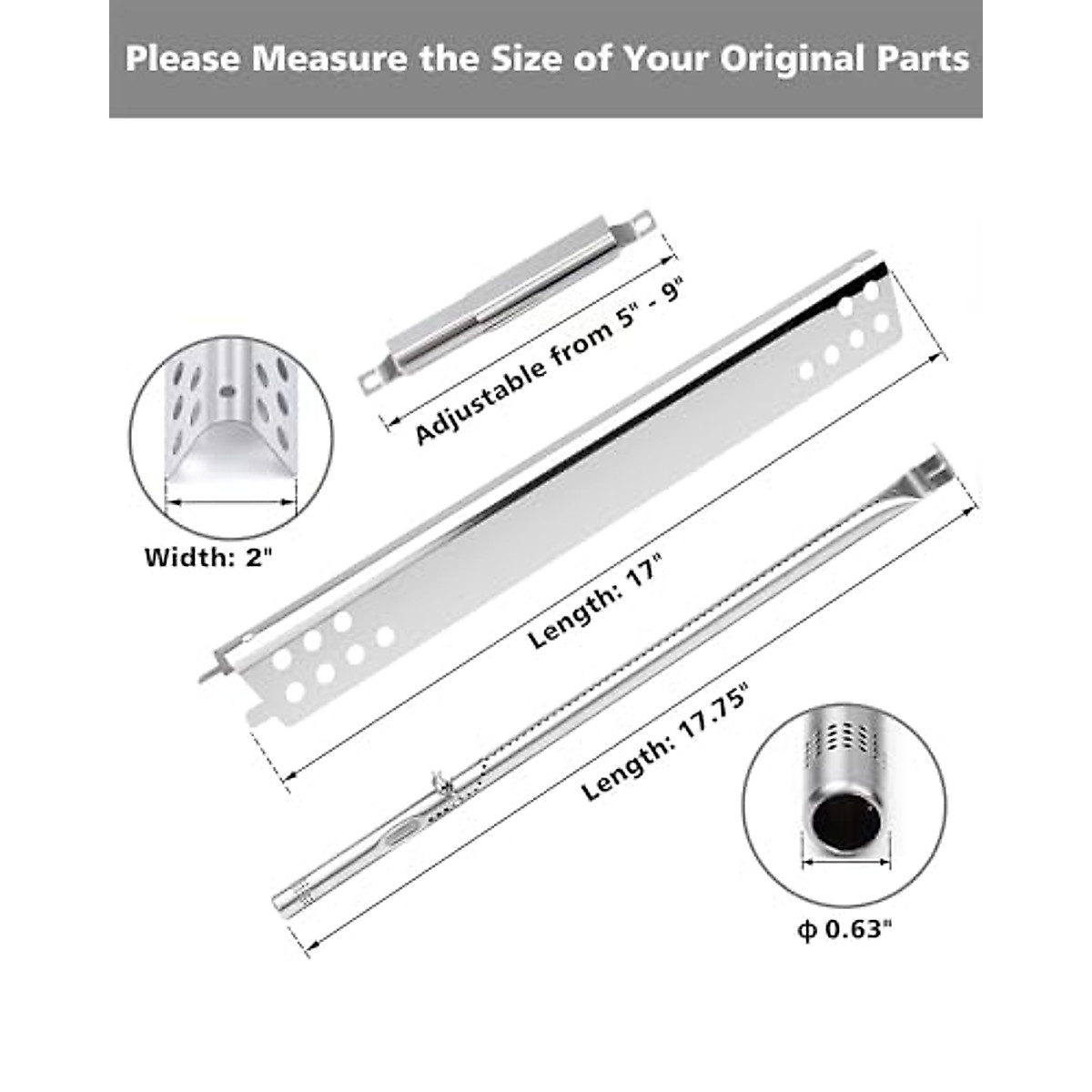 UikJOY Grill Replacement Parts for Charbroil Performance 5 Burner Grill 463347519, 463347518, 463347017, 463673017, 463376018P2, 17.75" Burner, Stainless Steel Heat Shield for Char Broil Parts