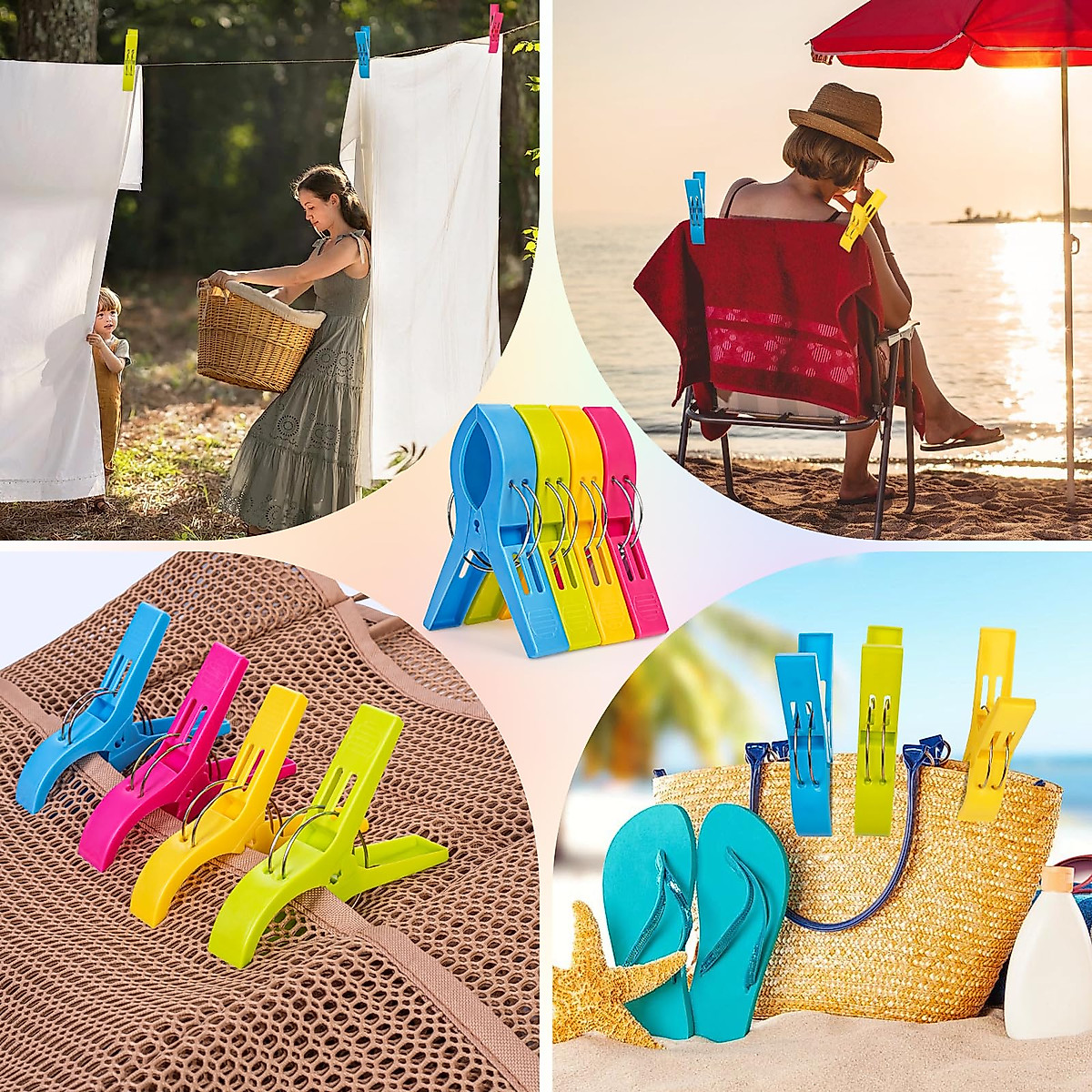 Semjikoy 8 Pack Beach Towel Clips, Plastic Chair Clips Towel Holder Clothes Pins Clothes Pegs Hanging Clip Clamps, Beach Accessories for Vacation