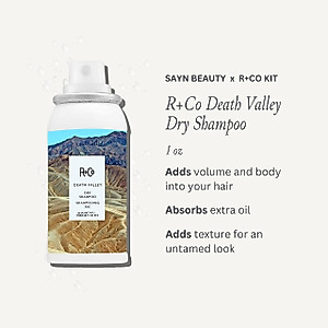 R+Co Travel Essentials | Bleu De Luxe Reparative Shampoo and Conditioner Set (1.2 Oz) + High Dive Moisture Cream (.5 Oz) + Death Valley Dry Shampoo (1 Oz) | Sayn Beauty