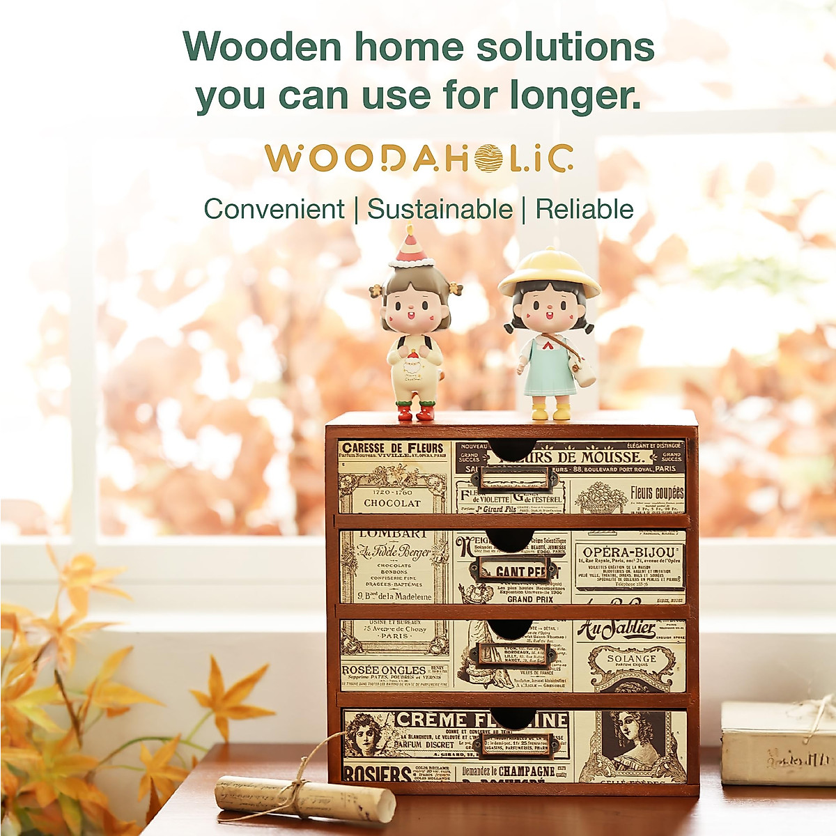 4-Drawer Vintage Ephemera Pattern Desktop Organizer - Arts and Craft Newspaper Design Desk Storage Cabinet - Ephemera Wood Shelf Drawers with Label Holders - Scrapbook Collecting