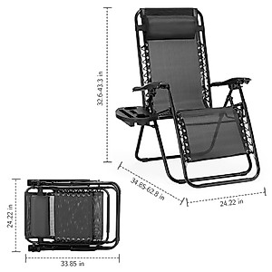 Sweetcrispy Zero Gravity Chairs, Set of 2 Portable Recliner Beach Camping Patio Outdoor Folding Lounge Chair with Cup Holder Trays and Adjustable Pillow for Poolside, Garden, Backyard, Lawn (Black)