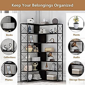 KIVENJAJA 7-Tier Corner Bookshelf, L-Shaped Modern Display Bookcase, Tall Standing Storage Book Shelves with Metal Frame for Living Room Bedroom Office, Black