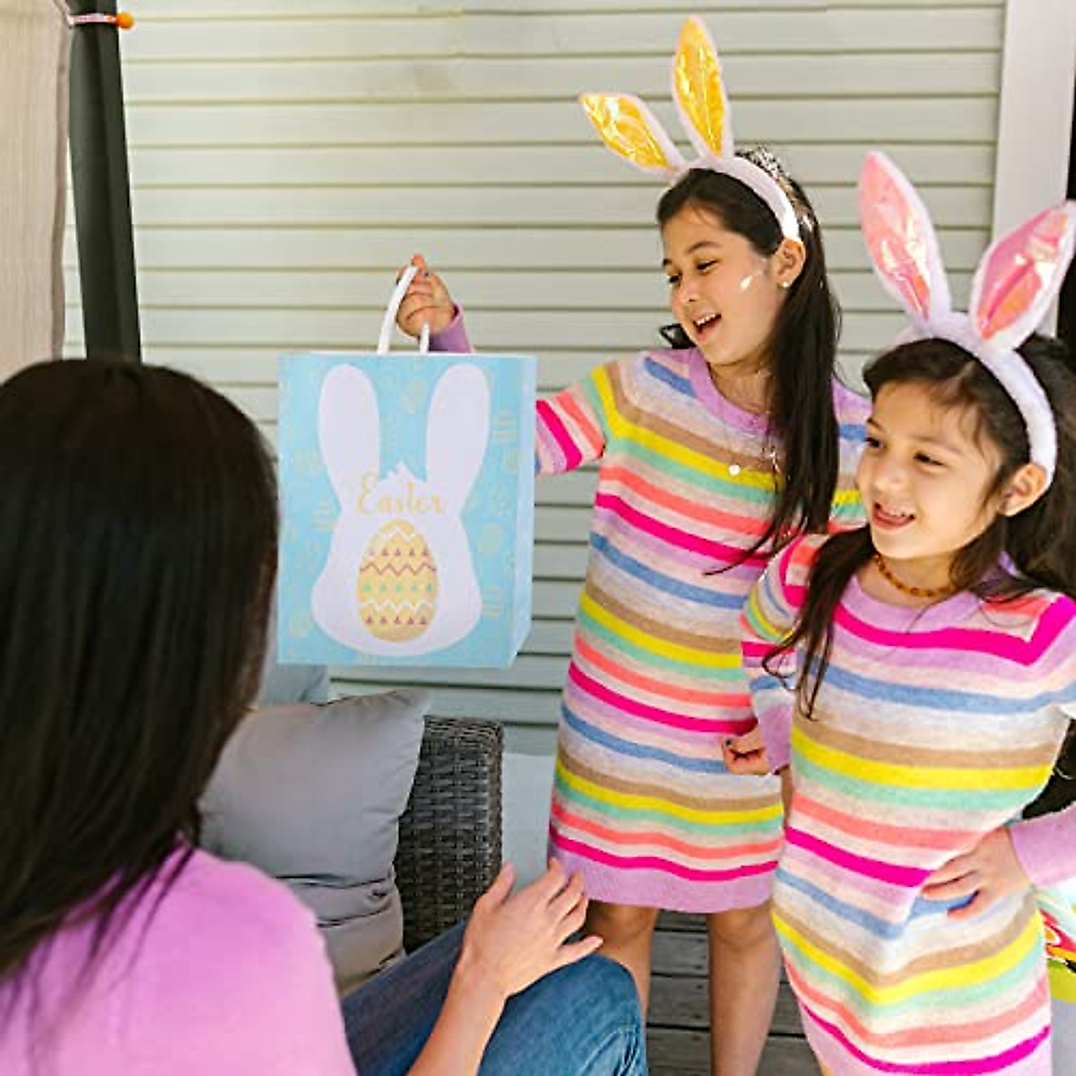 KEPATO 12 PCS Easter Gift Bags Paper Bag with Handles Bunny Design for Easter Egg Hunts, Party Favors Candies Goodie Bags Bulk,Packaging, Gifts