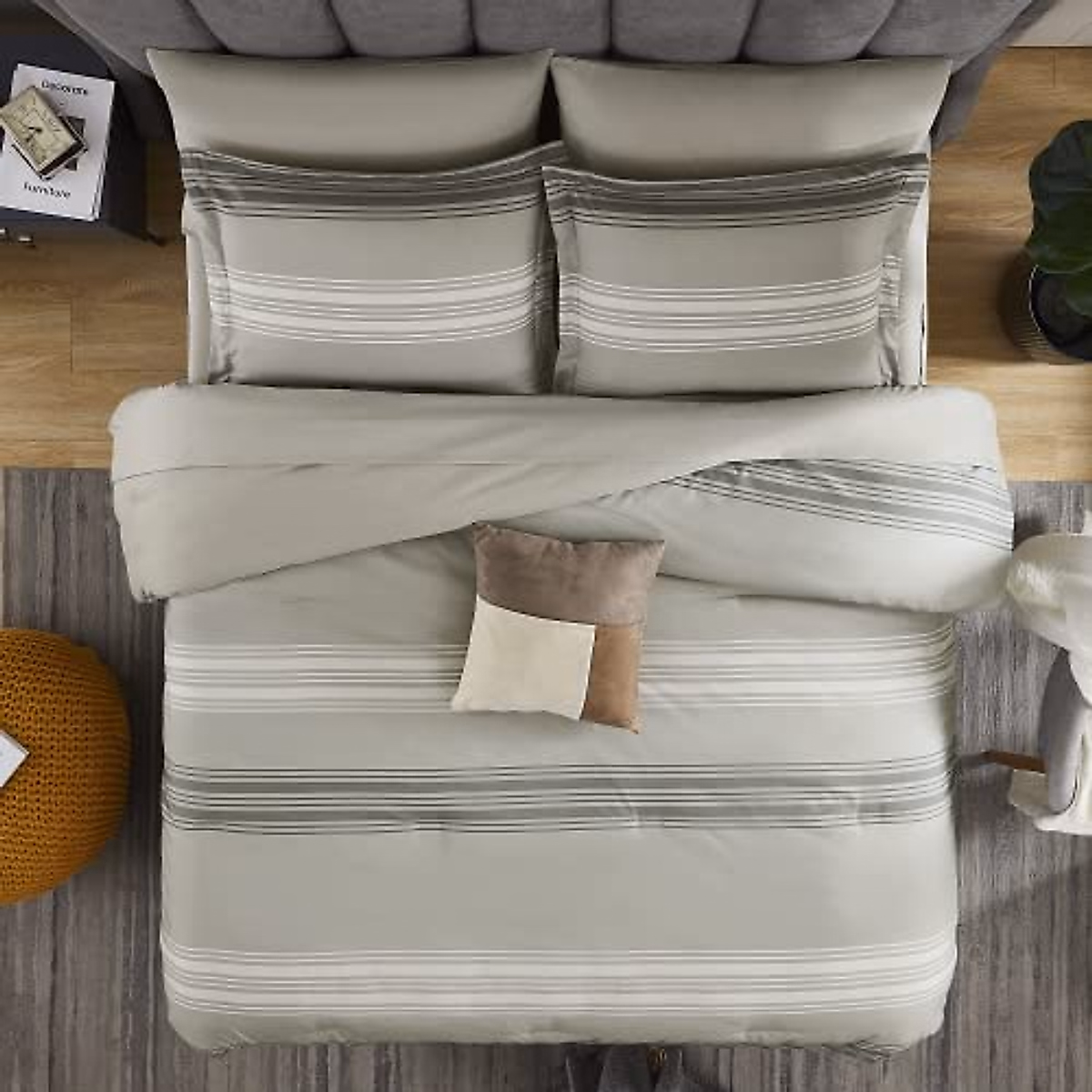 MaiRêve Grey Twin Bed in A Bag, Soft Grey Stripe Minimalist Urban House Design Comforter Set 6 Pieces for Boys or Doms(Grey Stripes,Twin)