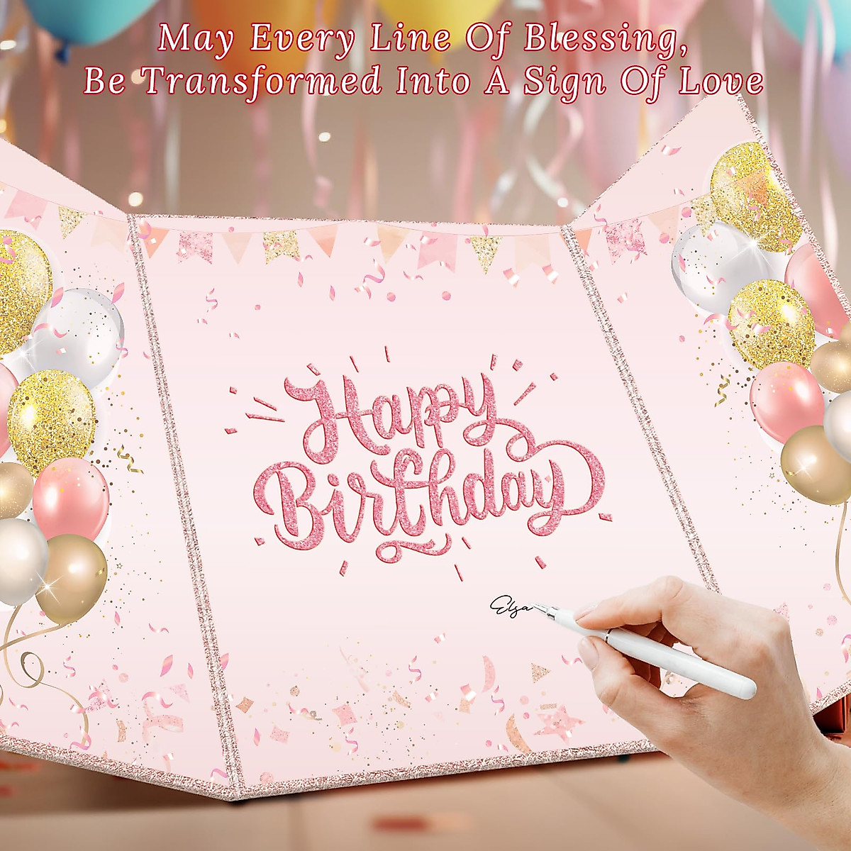 Tnvee Birthday Party Guest Book Birthday Decorations for Women & All Ages, Large 19" x 12.2" Rose Gold Signature Card Board Party Supplies Gifts